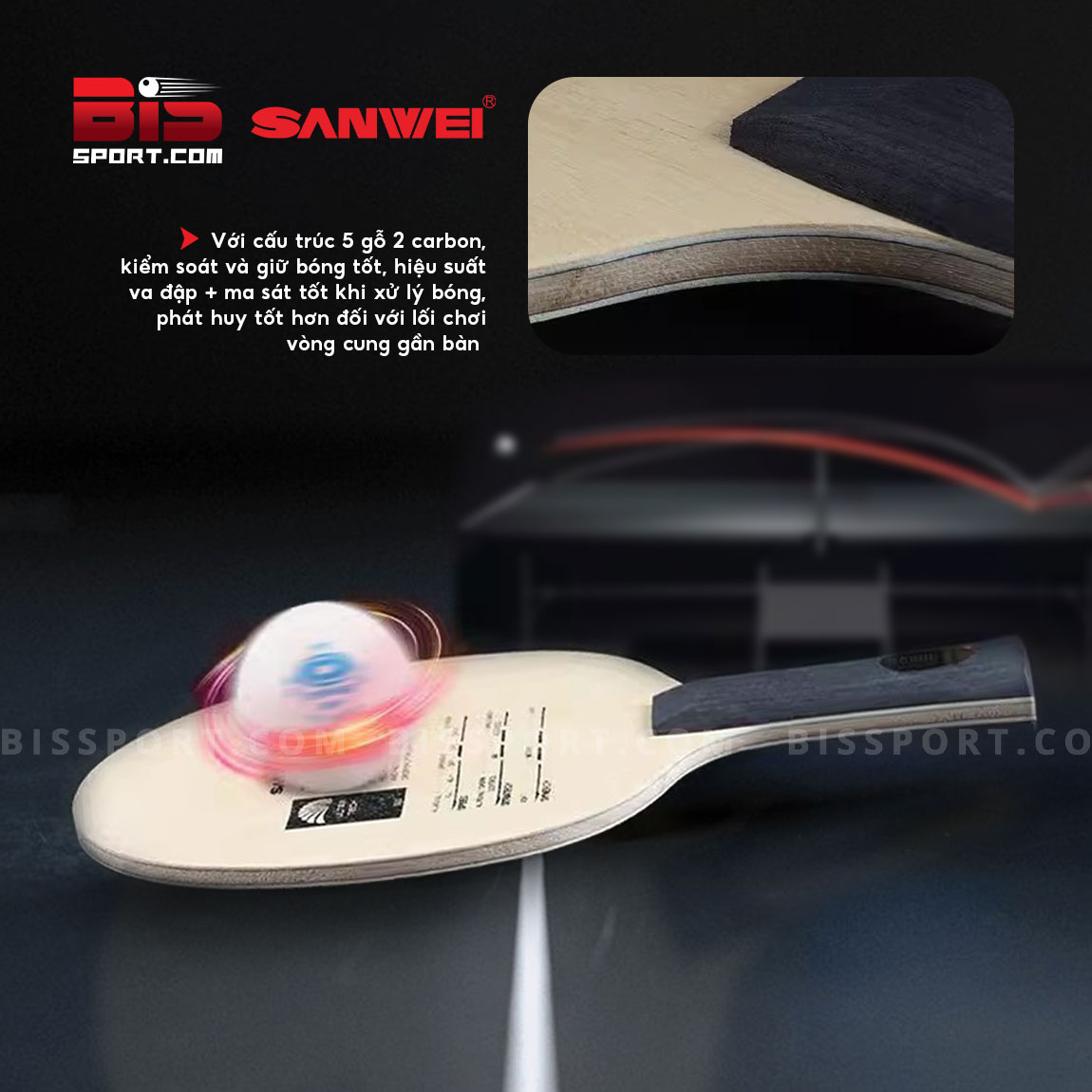 Vợt Đánh Bóng Bàn Cao Cấp Carbon SANWEI T5000 (5 + 2 Carbon)